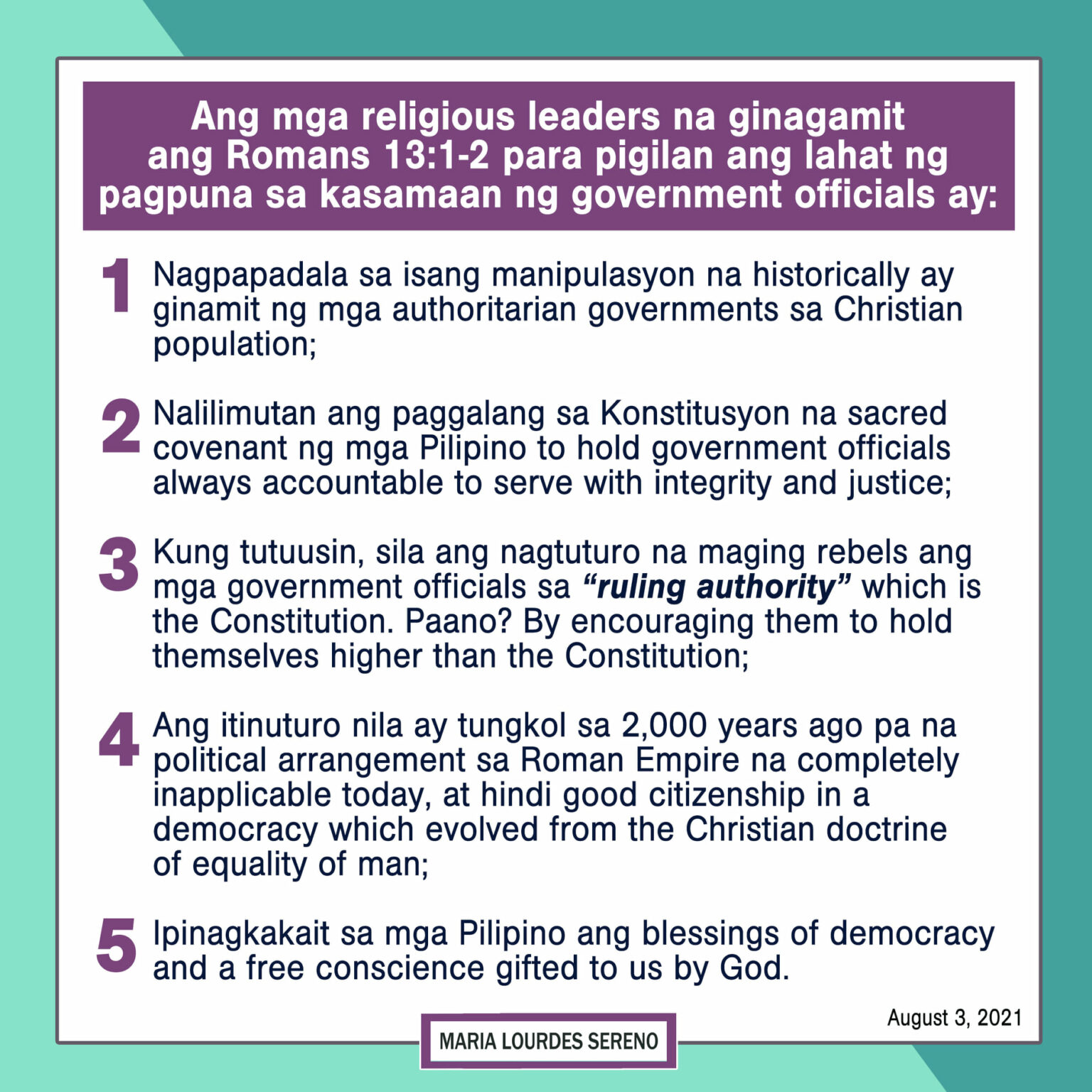 ANG MGA RELIGIOUS LEADERS NA GINAGAMIT ANG ROMANS 13:1-2 PARA PIGILAN ...